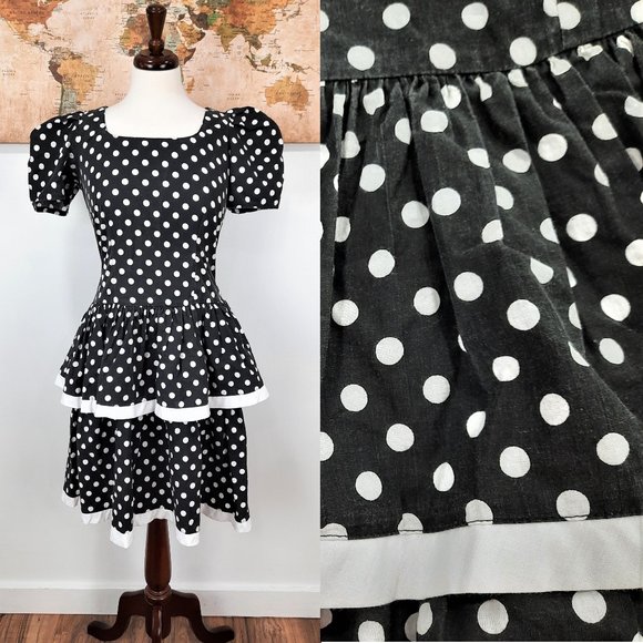 Vintage | Dresses | Vtg 8s Puff Sleeve Polka Dot Party Dress Nthings ...